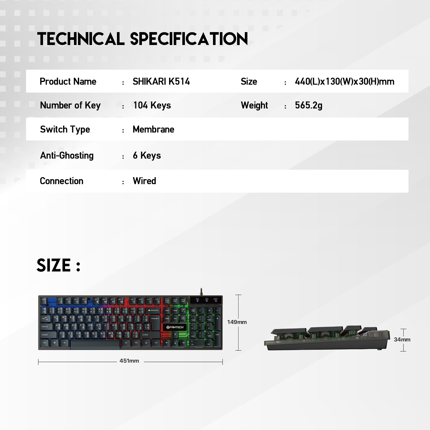 FANTECH คีย์บอร์ดเกมมิ่ง Semi Mechanical ไฟ RGB Gaming Keyboard รุ่น K514 - FANTECH - ThaiPick