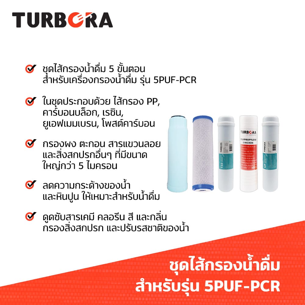 (จัดส่งฟรี) TURBORA ชุดไส้กรองน้ำดื่ม 5 ขั้นตอน (5 ชิ้น) สำหรับรุ่น 5PUF-PCR - เทอร์โบร่า - ThaiPick