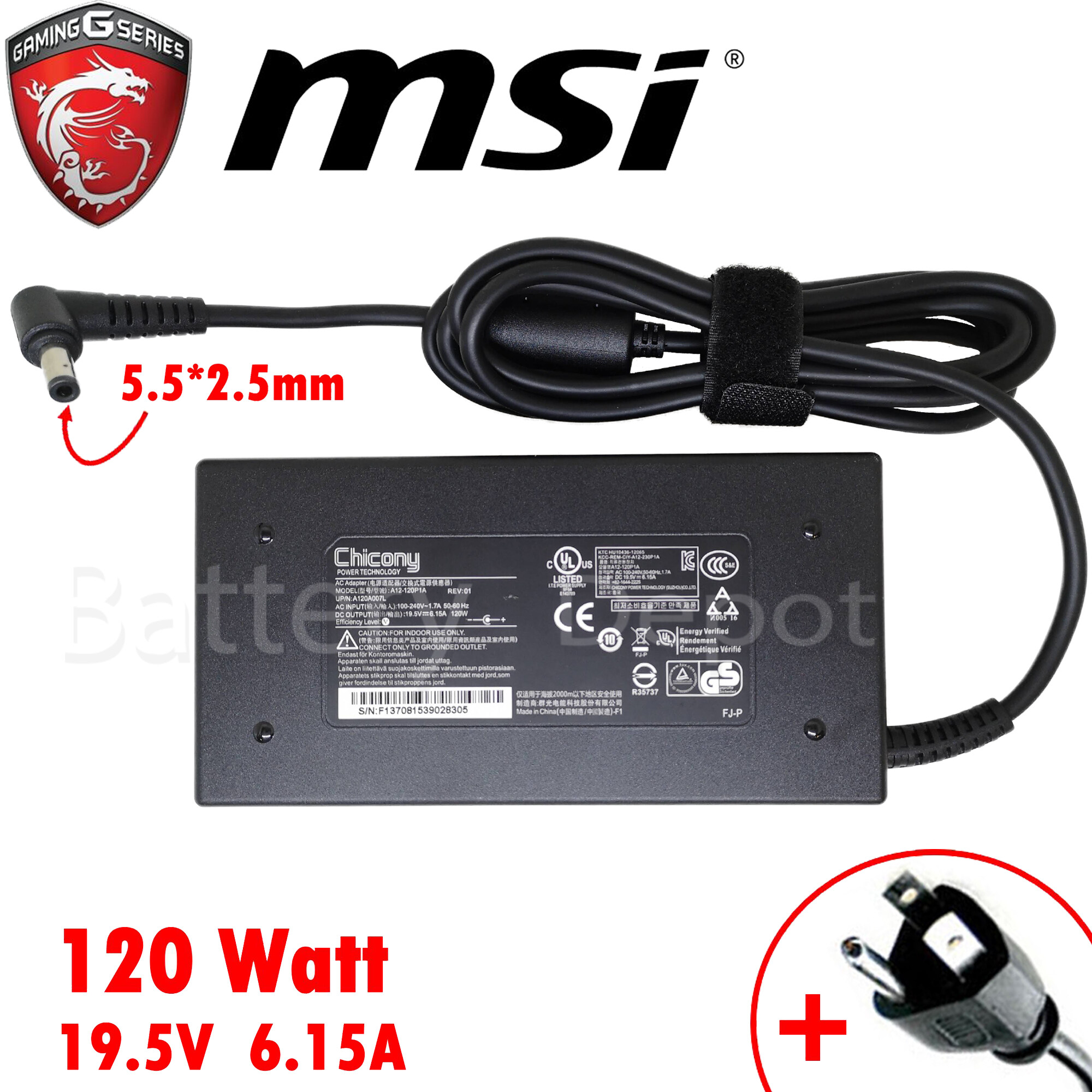 MSI AC Adapter ของแท้ 19.5V/6.15A 120W หัวขนาด 5.5*2.5mm สายชาร์จ MSI ...
