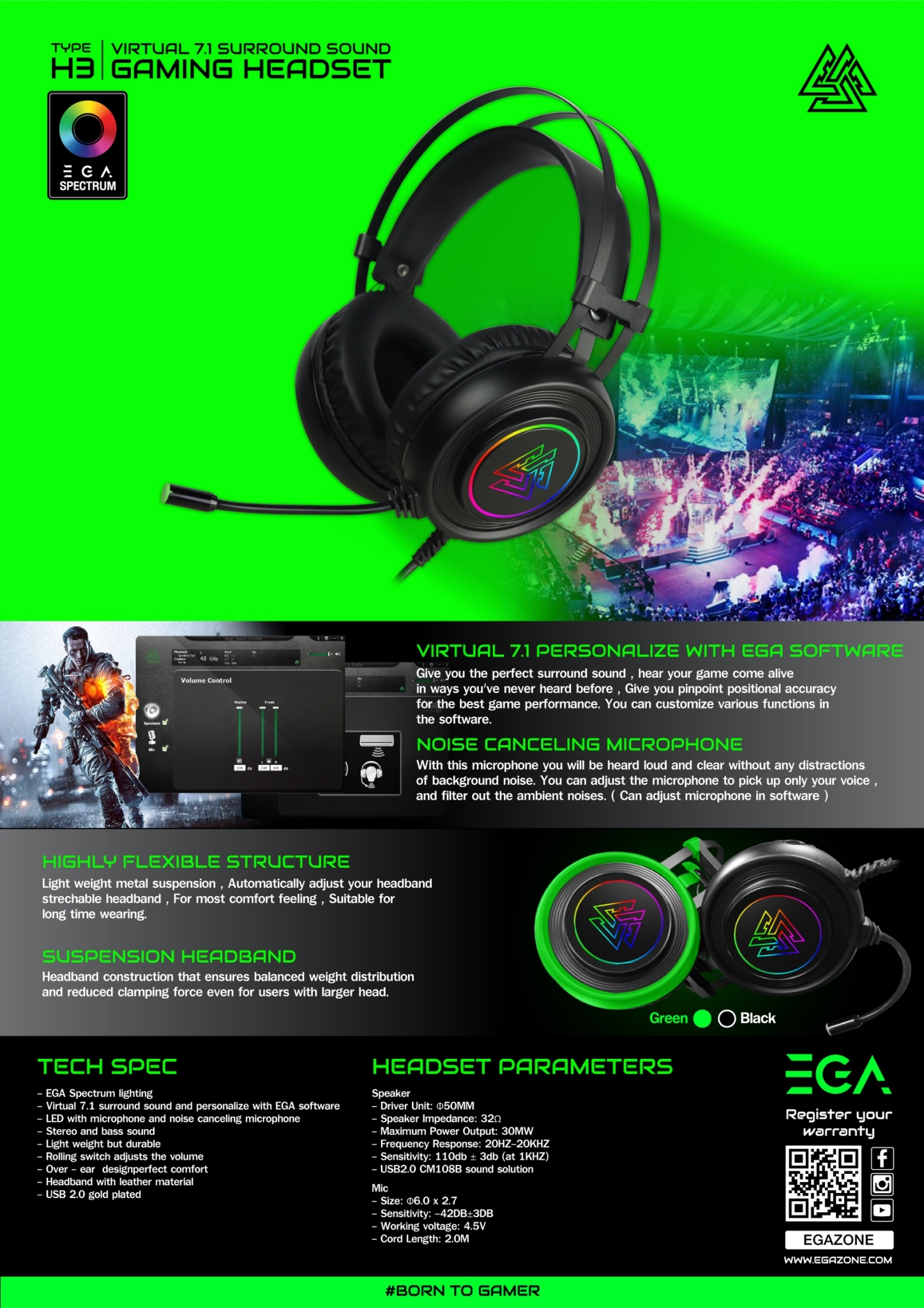 หูฟัง Head Phone EGA Type H3 Virtual7.1 Software Spectrum LED Lighting ...