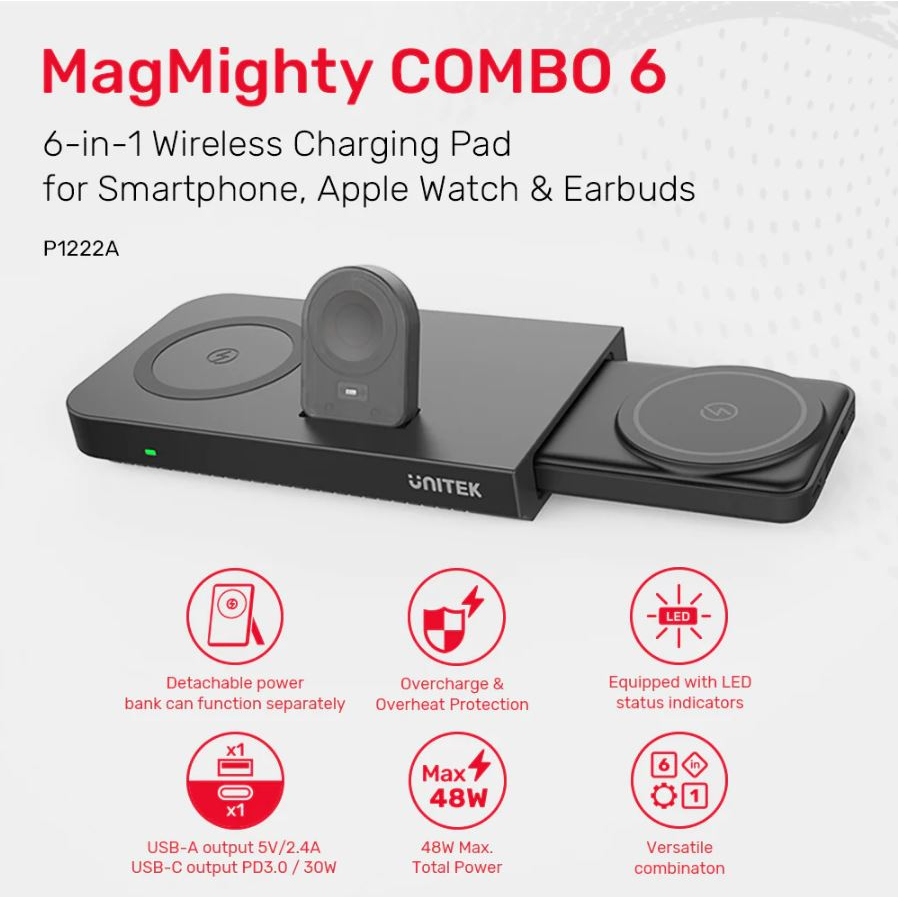 UNITEK สายชาร์จ MagMighty COMBO 6 6-in-1 Wireless Charging Pad for Smartphone Apple Watch ...