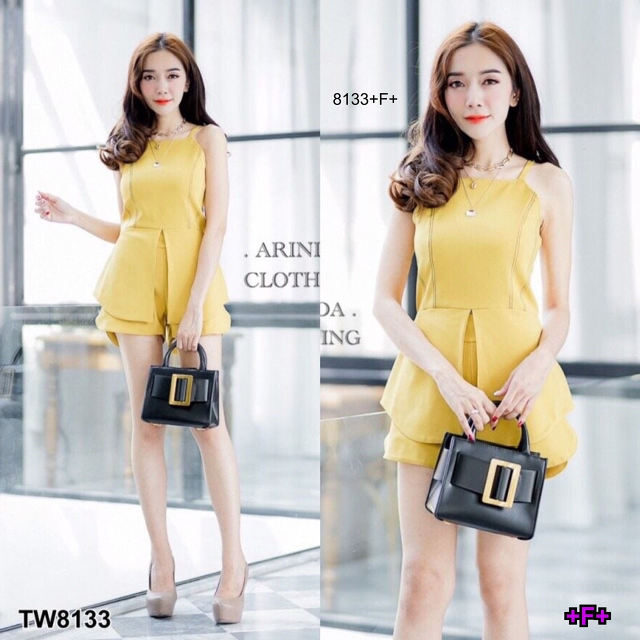 J8133 Set 2 ชิ้น เสื้อสายเดี่ยว ผ่าแหวกหน้า + กางเกงขาสั้น Set of 2 pieces, one-piece suit ...