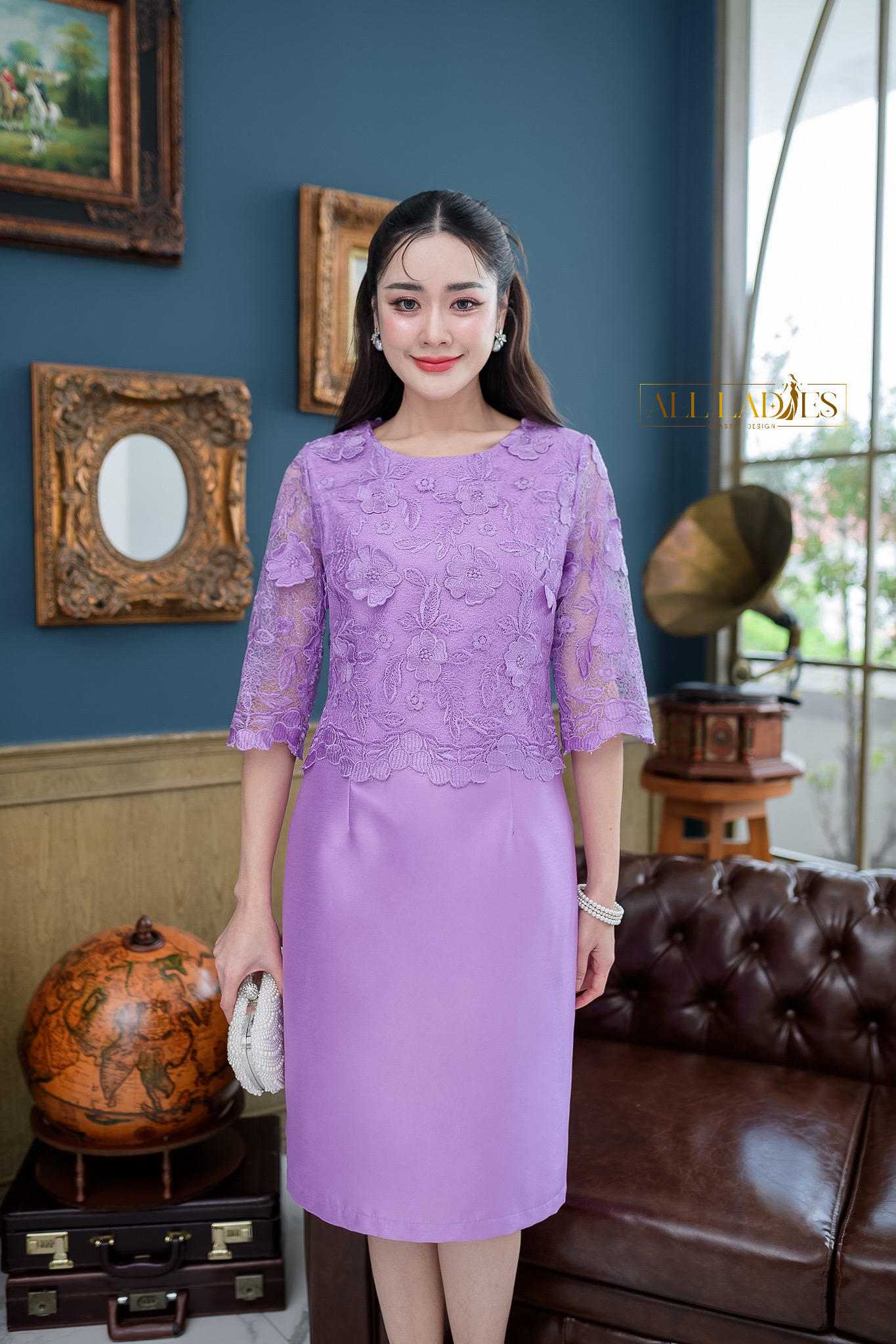 All Ladies เดรสผ้าไหมแขนศอกลูกไม้ใยบวบ3D | Lazada.co.th