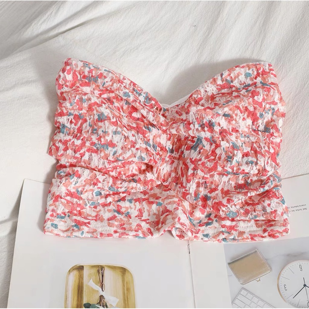 Cici(Y518)เสื้อเกาะอกลูกไม้ ผ้านิ่มไม่คัน ลายดอก มีฟองน้ำในตัว ดีเทลไว้หน้าอก ยางยืดด้านหลัง งาน ...