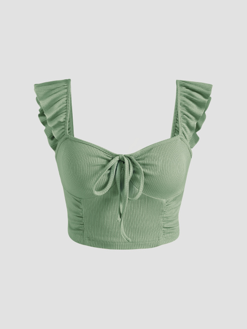 Cider Solid Ruffle Knotted Rib Tank Top เสื้อกล้ามครอปท็อปผู้หญิง เสื้อแฟชั่นผู้หญิง ผ้าริบ ผ้า ...