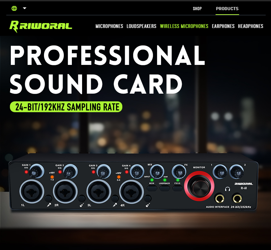 RIWORAL RI60 สี่ช่อง การ์ดเสียง ปุ่มปรับเสียงก้อง การควบคุมเกนของช่อง ...