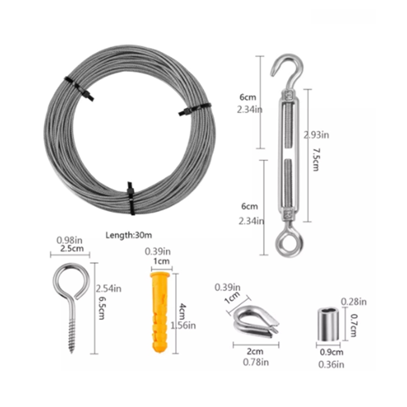 30M Wire Rope Cable Stainless Steel Turnbuckle Cord Kit for Sun Shade ...