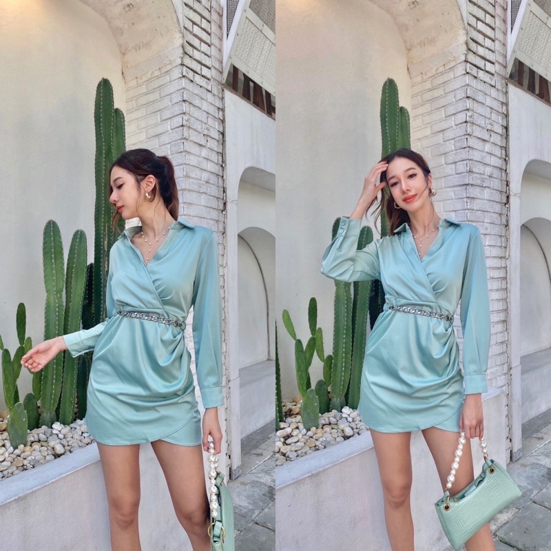 🏷Mika Brand เดรสคอถ่วงรุ่นใหม่ ผ้าซาติน มีเข็มขัด | Lazada.co.th