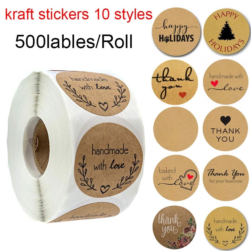 500 Labels per roll Round Natural Kraft Thank You Sticker seal labes ...