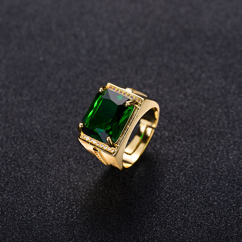 18K Gold Plated Men Emerald Gemstone Rings Retro Adjustable Band Ring ...