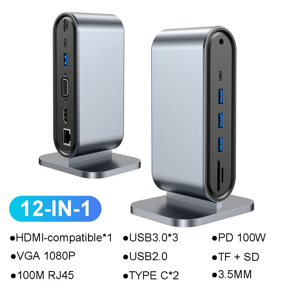 12-In-1 USB C HUB Docking Station อะแดปเตอร์ที่รองรับ HDMI 4K 30Hz PD 100W Type-C HUB USB 3.0 ...