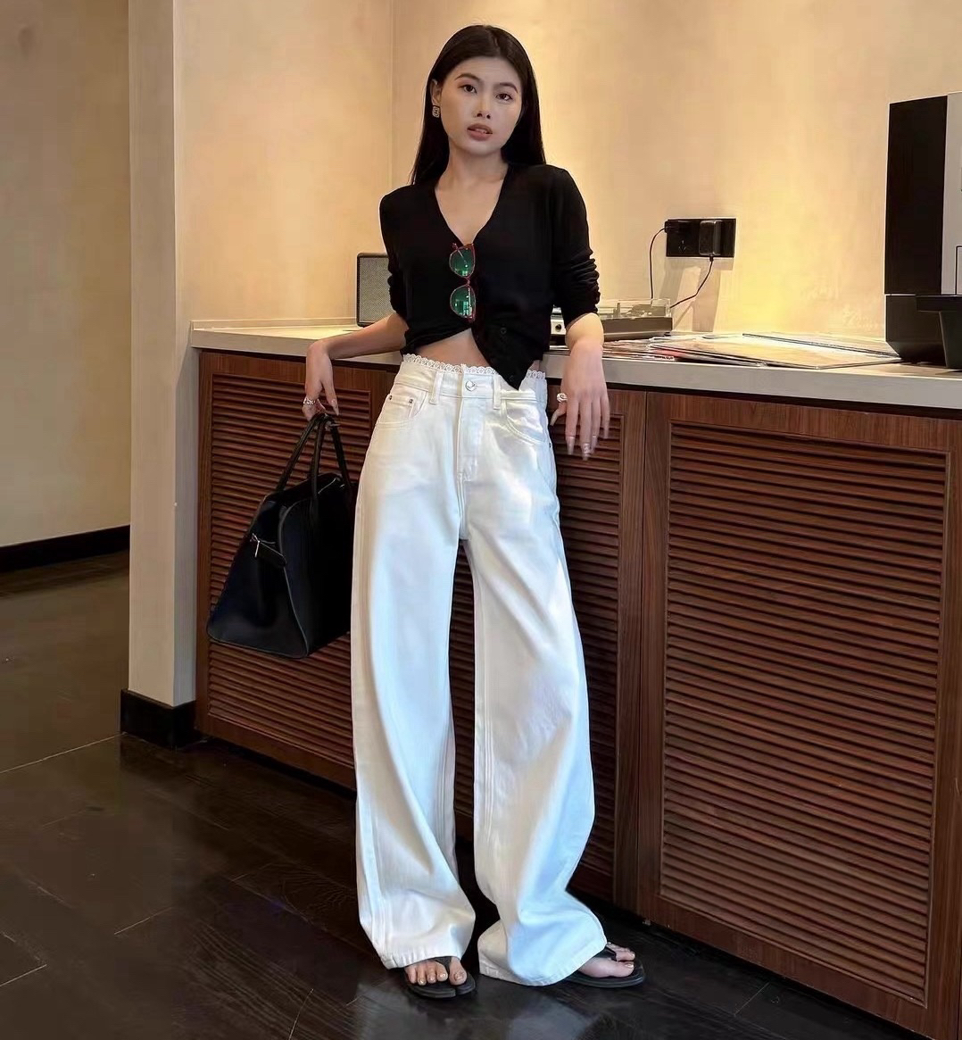 chen shop กางเกงยีนส์สีขาวขายาวทรงกระบอก แถบเอวลูกไม้ คุณภาพสูง เนื้อผ้าดีระบายอากาศใส่สบ - chen ...