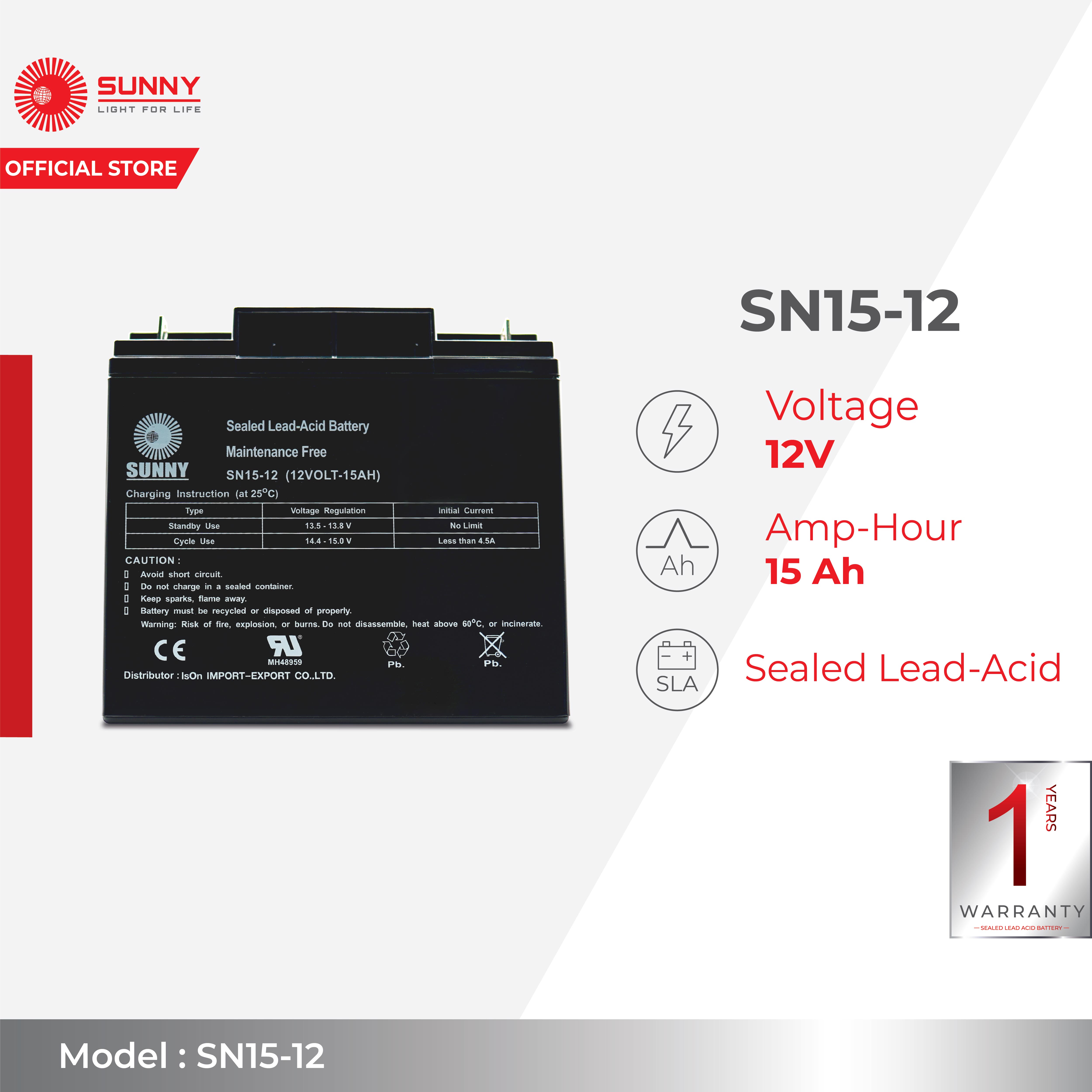 SUNNY เเบตเตอรี่เเห้ง SLA 12V 15Ah รุ่น SN15-12 Battery Sealed Lead ...