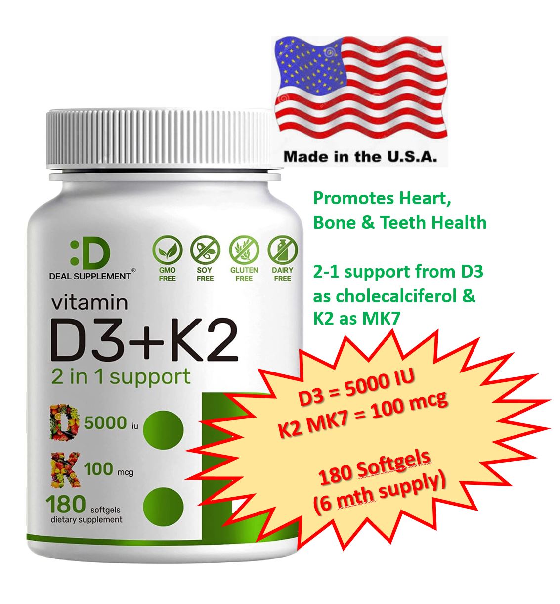 Deal Supplement - Vitamin D3 K2 Softgel, 180 Counts, 2-1 Complex, Vitamin D3 5000 IU & Vitamin ...