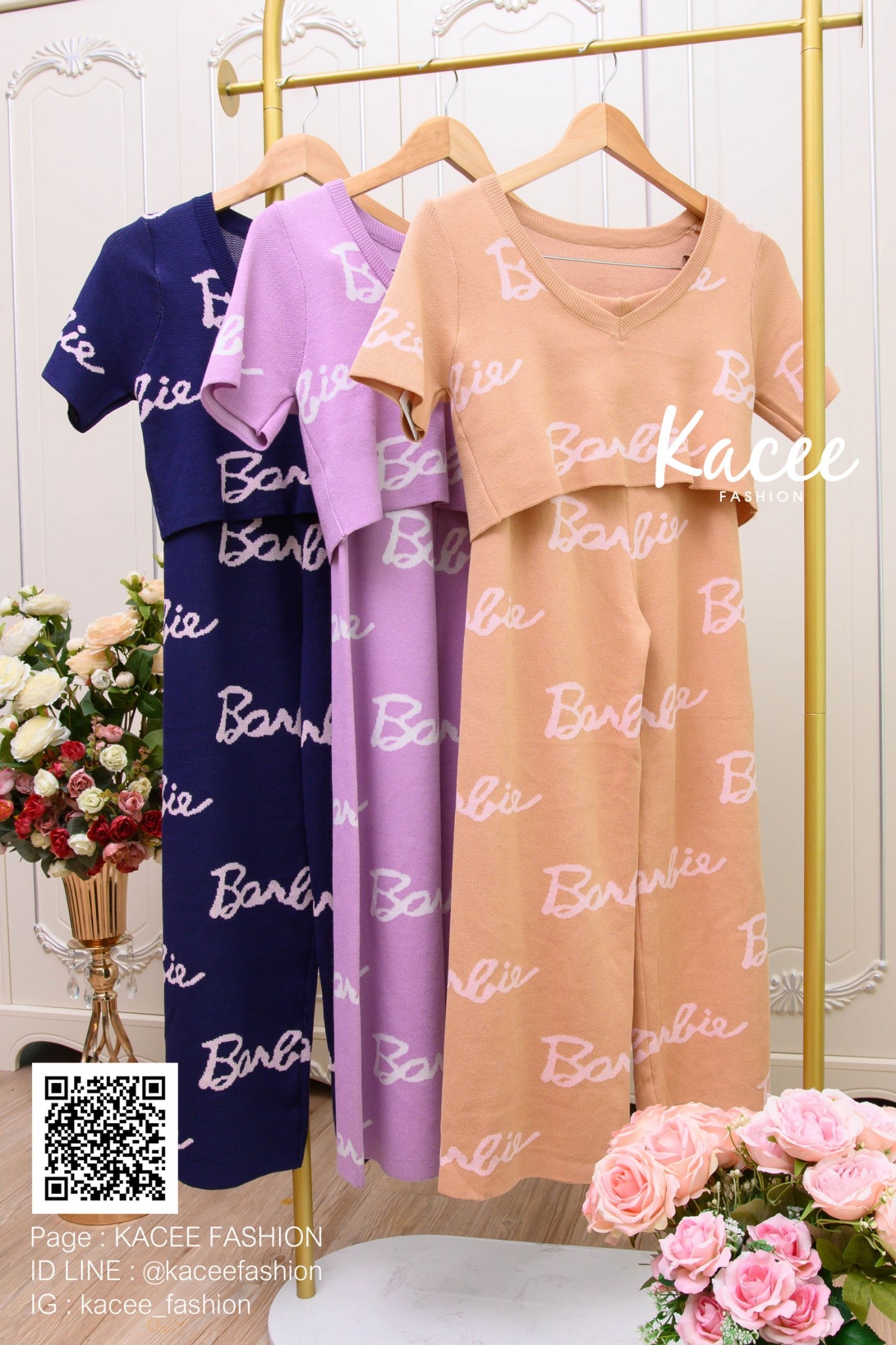 เซทเสื้อลายBarbie ผ้าไหมพรม กางเกงขายาว (K044) ชุดเซทแฟชั่น เซทแฟชั่น เสื้อผ้าแฟชั่นผู้หญิง ...