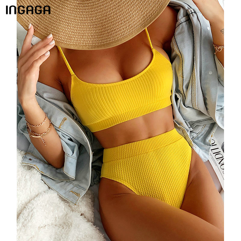 Ingaga High Waist Bikinis Swimwear Women Push Up Swimsuits Ribbed
