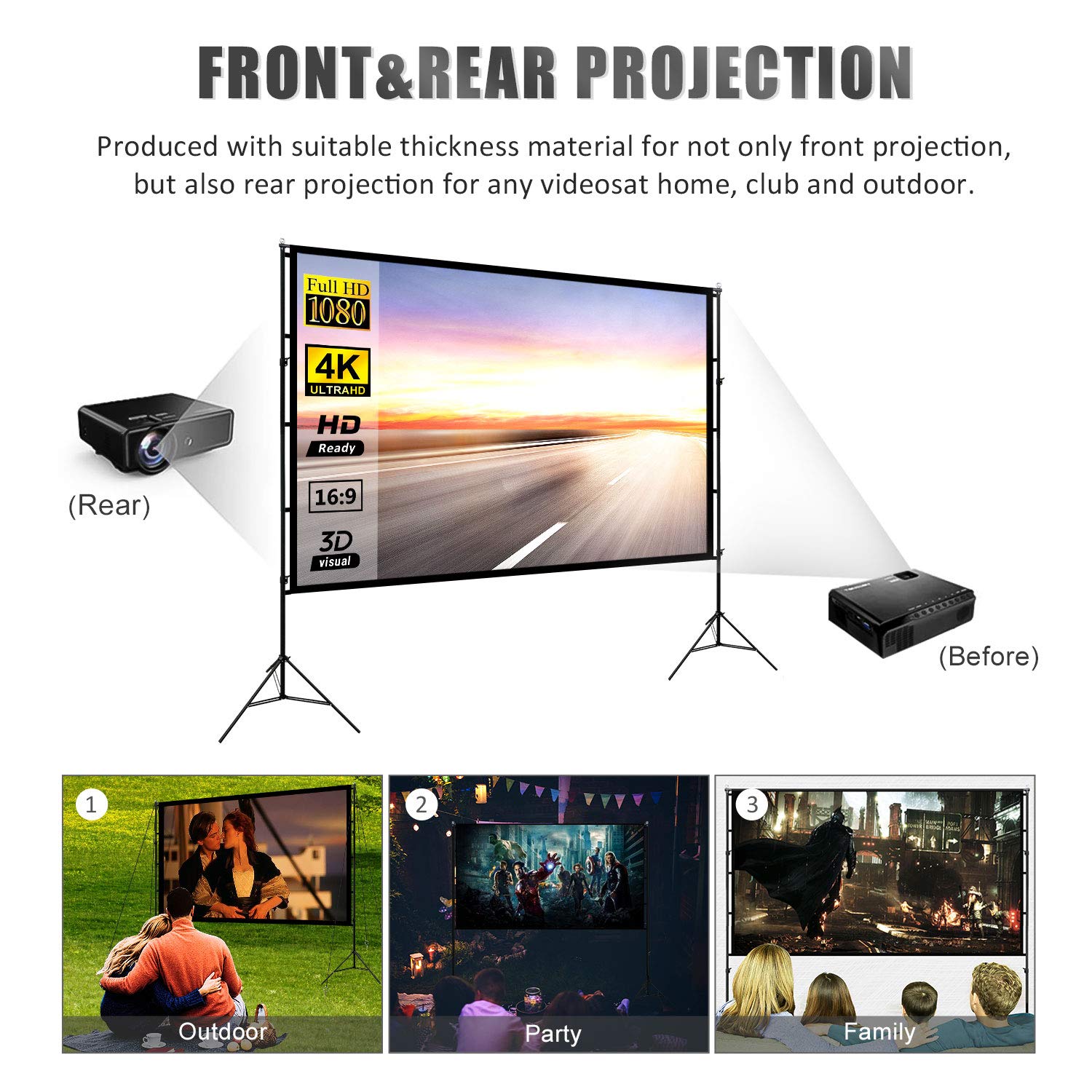 Projector Screen with Stand 120inch Portable Projection Screen 16:9 4K ...