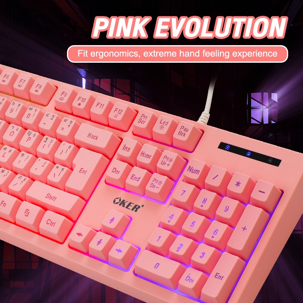 ส่งเร็ว OKER KB-789 BACKLIT GAMING KEYBOARD คีย์บอร์ดสีชมพู PINK ไฟทะลุแป้น ชุดคีย์บอร์ดเมาส์มี ...