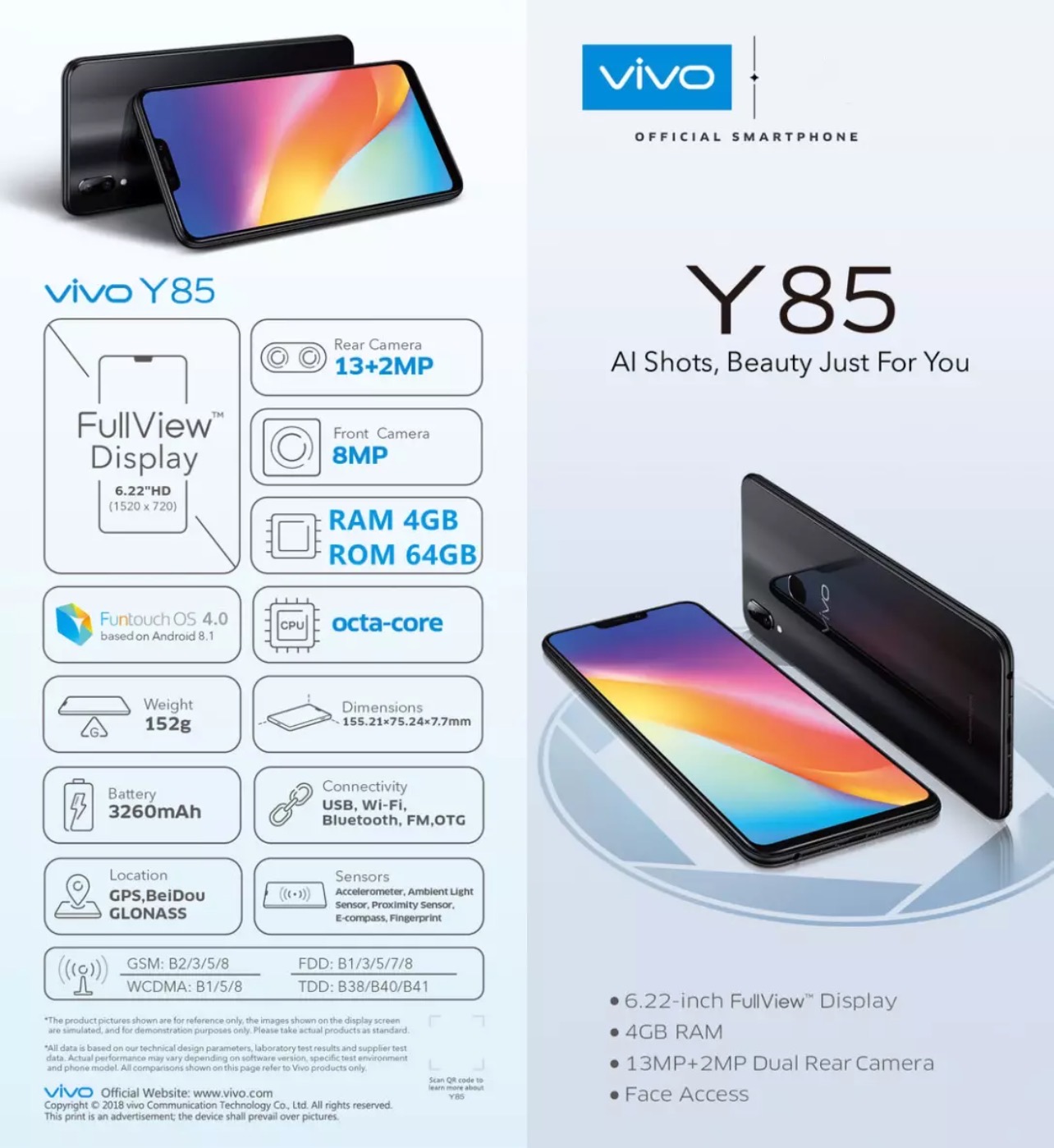 โทรศัพท์มือถือ Vivo Y85 เครื่องเเท้100% RAM 4GB/ROM 64GB จอคมชัดระดับ HD จอ6.22นิ้ว - Phone ...