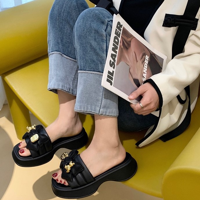 vivi.an รองเท้าแตะแฟชั่นผู้หญิง รองเท้าส้นตึก รองเท้าแตะแบบสวม แต้งโบว์ ...