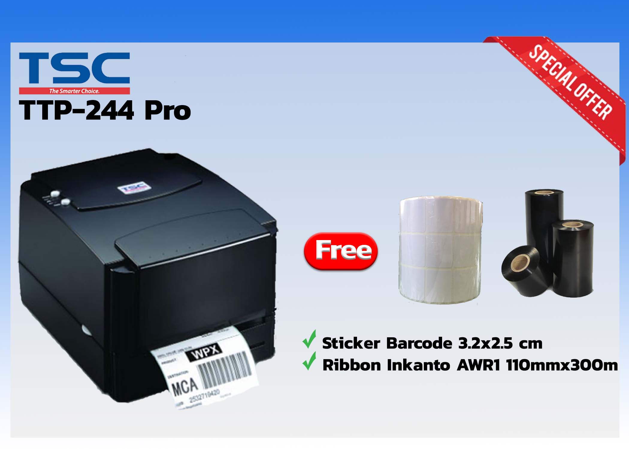 เครื่องพิมพ์บาร์โค้ด TSC TTP-244 Pro แถมฟรี Sticker 3.2x2.5 cm และ ...