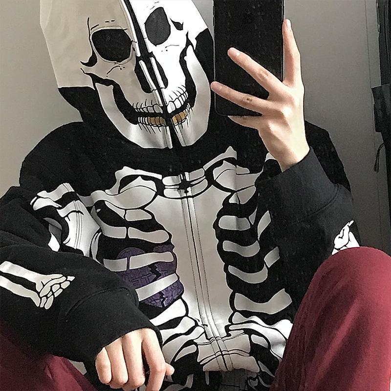 Goth Hoodie for Men Women Hooded Zip Up Jacket Streetwear Punk Hip Hop Alt Horror Skull Skeleton ...