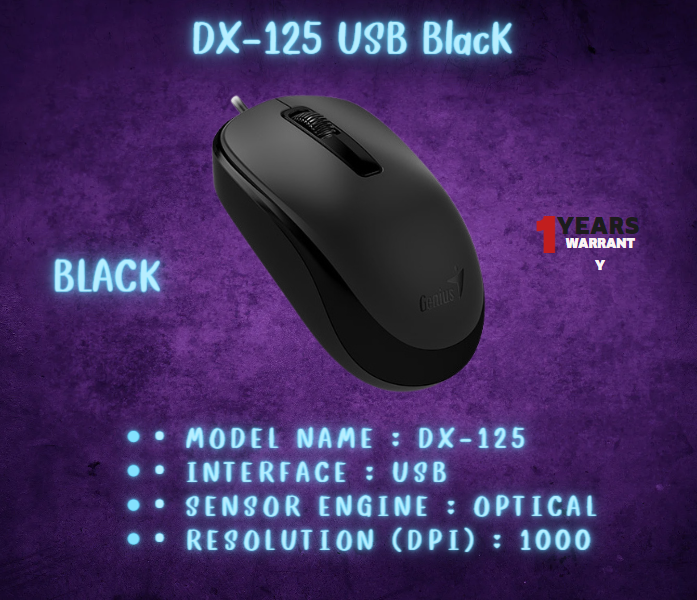MOUSE (เมาส์) GENIUS DX-125 (BLACK) (WHITE) RESOLUTION (DPI) : 1000 ...