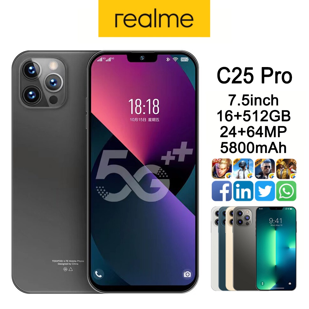(ลด50%) ศัพท์มือถือ Realme C25 16+512GB สมาร์ทโฟน 7.5 นิ้ว HD ศัพท์มือ ...