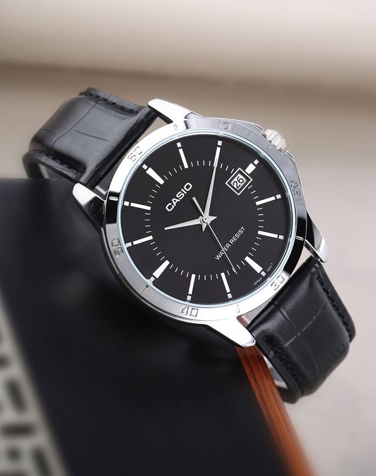 นาฬิกา Casio รุ่น Mtp V004l 1a นาฬิกาผู้ชาย สายหนังสีดำ หน้าปัดสีดำ