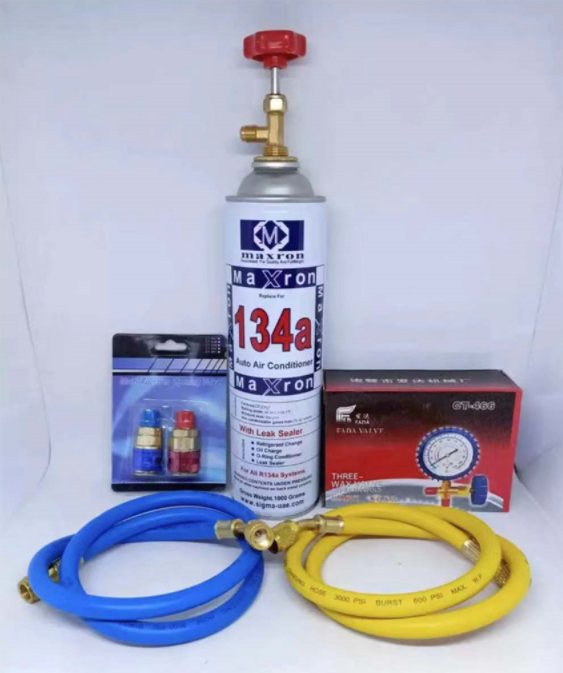 น้ำยาแอร์ R134A (ชุดพร้อมใช้งาน)ประกอบด้วยน้ำยาแอร์R134a,1กระป๋อง1000g+วาล์วหัวเปิดปิดน้ำยา+เกจ ...