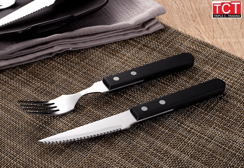 ช้อม ส้อม มีดสเต็ก สแตนเลส ด้ามไม้ สีดำ - Triple C Trading. - ThaiPick