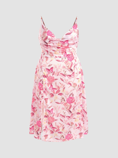 Cider Curve & Plus Cowl Neck Butterfly & Floral Midi Dress - MixASale