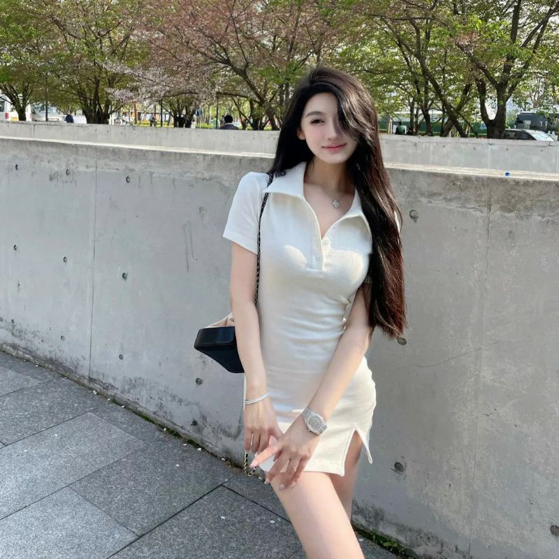 Zero shop????พร้อมส่ง???? (Zero-28068) ชุดเดรส ไหมพรมผ้าร่องคอปกใส่สบาย ดีเทลปลายแหวกเซ็กซี่เบาๆ ...