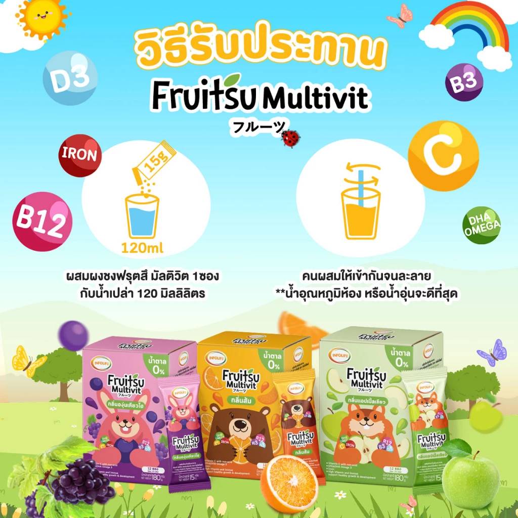วิตามินรวมชงดื่มสำหรับเด็ก Fruitsu Multivitเสริมภูมิคุ้มกัน ต้านหวัด ลภูมิแพ้ บำรุงสมองเพิ่ม ...