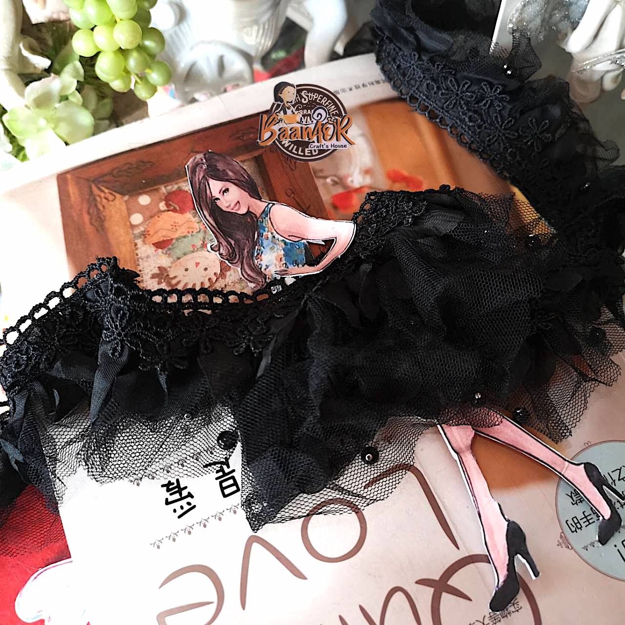 สีดำ #6 ผ้าลูกไม้ ระบายข้าง ติดมุก ขนาดกว้าง 6 cm x ความยาว 90 cm / Lace for DIY - baanaor ...