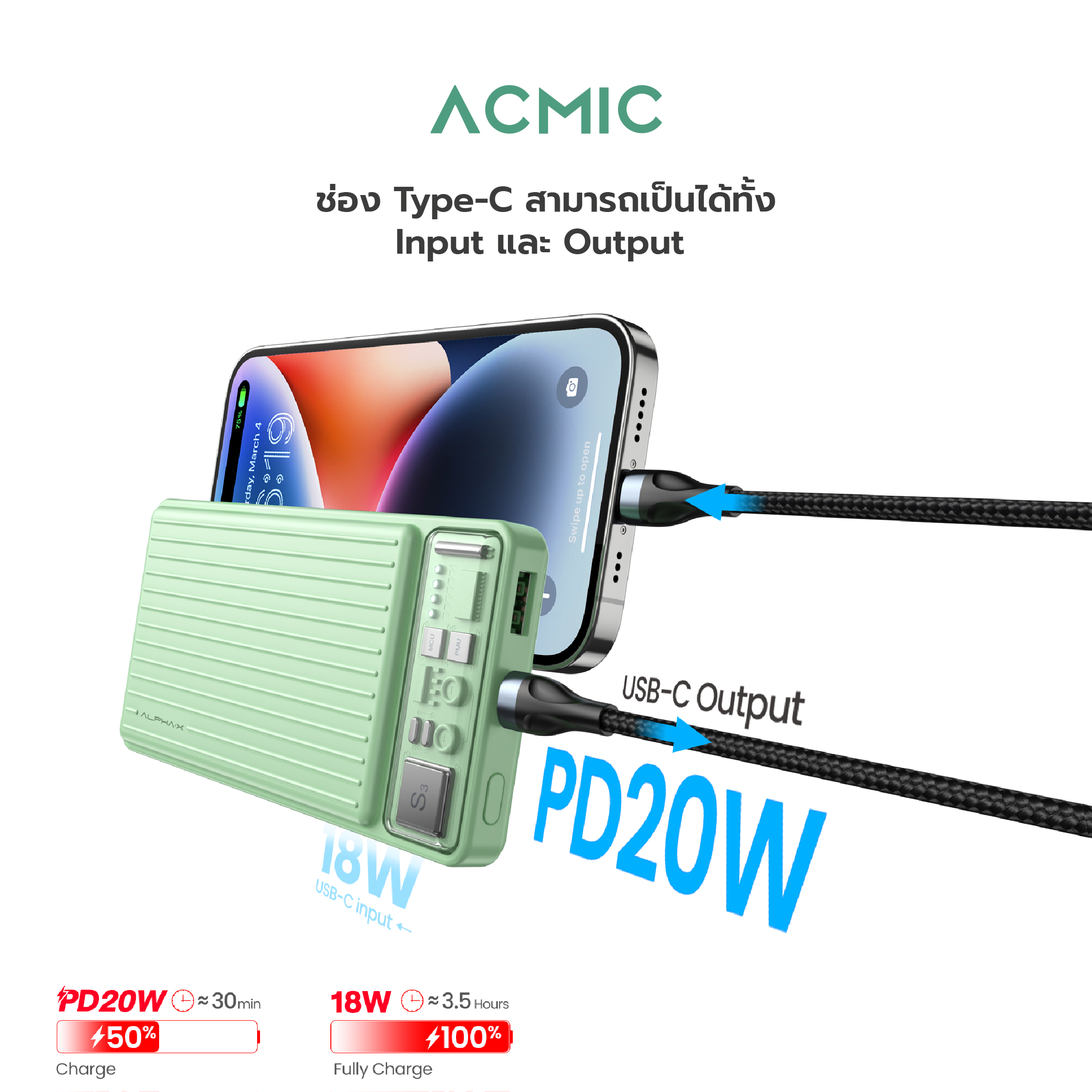 Pre-Order เก็บคูปองลด 100บาท ACMIC AP-15PD Powerbank 10000mAh (QC 3.0) PD20W พาวเวอร์แบงค์ชาร์จ ...