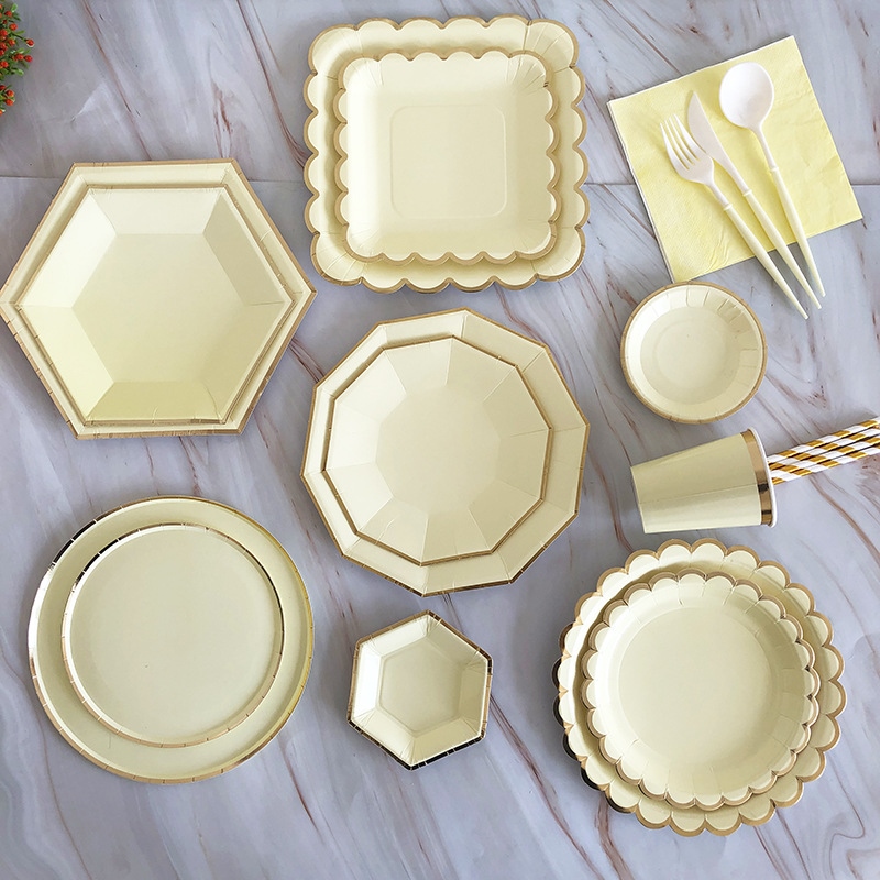 Gold Yellow Disposable Tableware Set Party Paper Plates Napkins Cup ...
