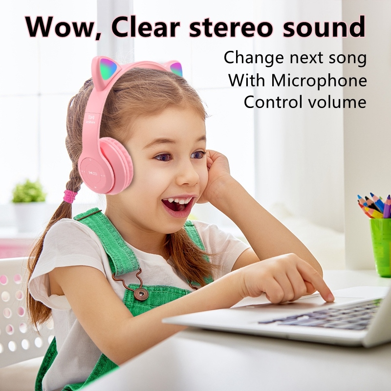 RGB Cute Cat Wireless Children Headphones with Mic Stereo PC Gamer ...