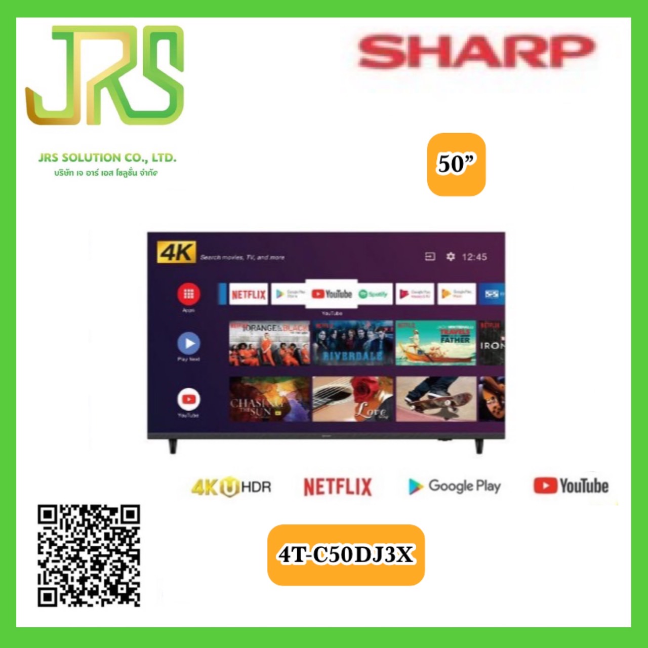 SHARP LED แอนดรอยด์ 4K UHD Android TV 50 นิ้ว 4T-C50DJ3X - JJ Digital - ThaiPick
