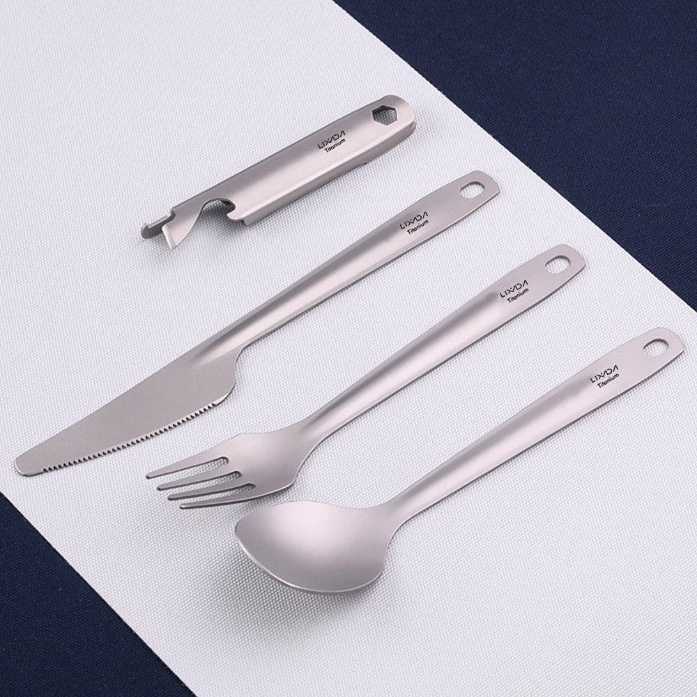 Lixada 4-in-1 Titanium Flatware Cutlery Set Lightweight Dinner Spoon ...
