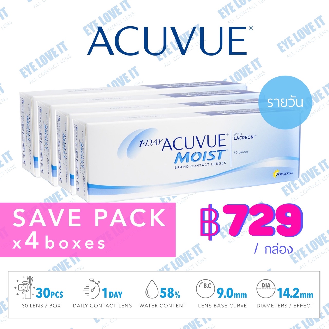 ACUVUE 1 Day MOIST ค่าความโค้งเลนส์ 8.5 หรือ 9.0 คอนแทคเลนส์ สายตาสั้น ...