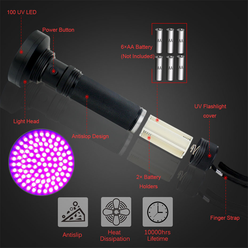 Original UV Flashlight 100 LED Torch Light 395nm Violet Flash Light ...