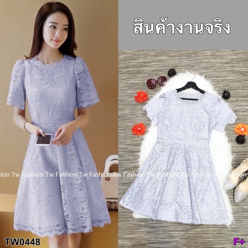 J0448 Dress เดรสลูกไม้คอกลม แขนสั้นแบบกว้าง - JShop Fashion - ThaiPick
