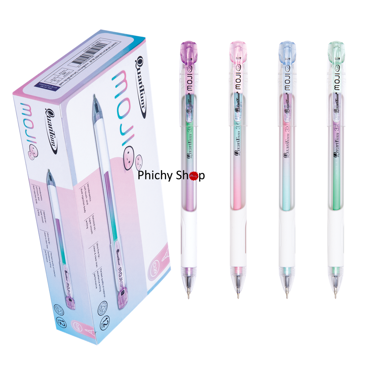 🌸ปากกา ควอนตั้ม โมจิ Quantum Moji 0.29 mm หมึกน้ำเงิน แพค 12 ด้าม คละสี
