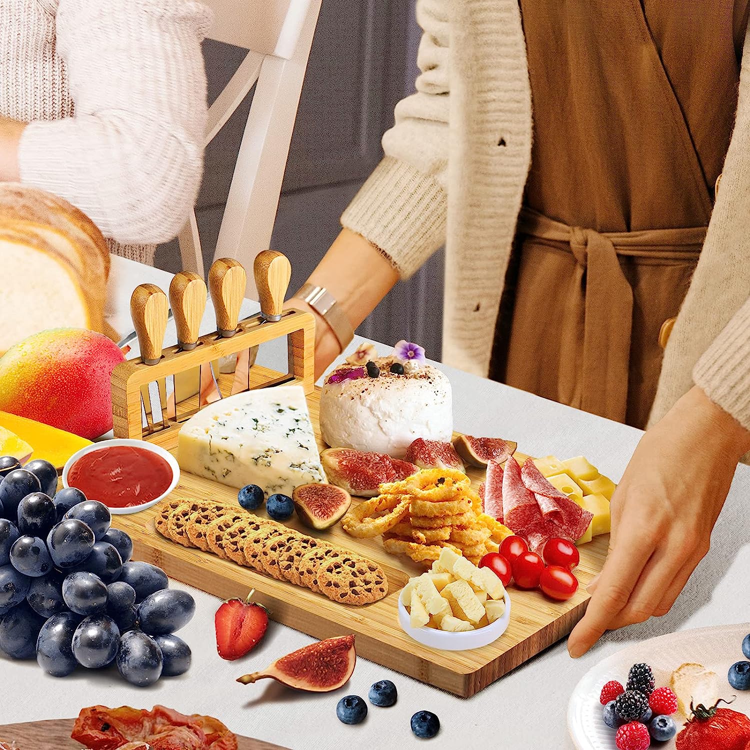 Bamboo Cheese Board Set - Charcuterie Boards and Serving Meat Platter ...
