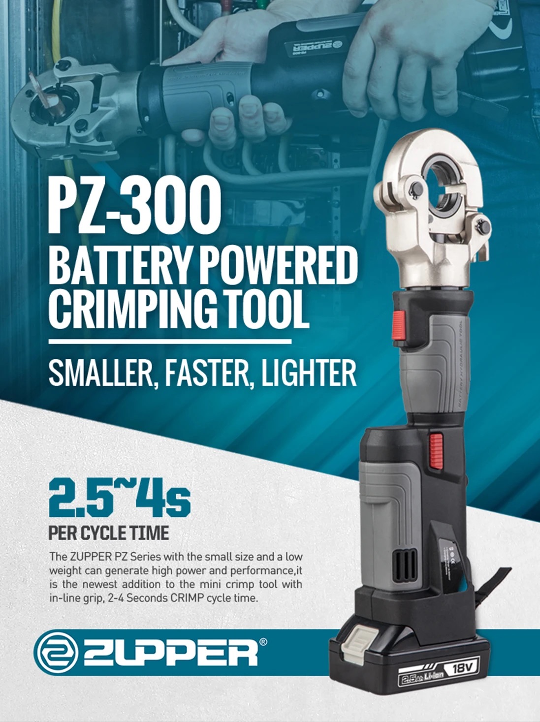 คีมย้ำสายไฟ ระบบ ไฮดรอลิก ไร้สาย แบตเตอรี่ ZUPPER รุ่น PZ-300 พร้อม ...