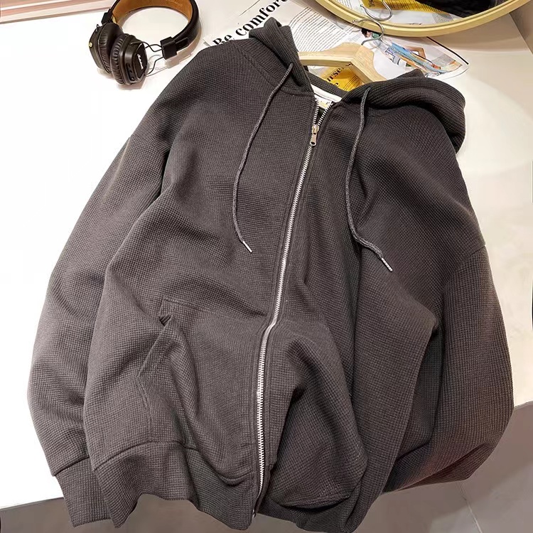 YIY SHOP (7033)เสื้อแจ็คเก็ตแขนยาว แบบบาง มีซิป มีฮู้ด ผ้าวาฟเฟิล ทรง ...