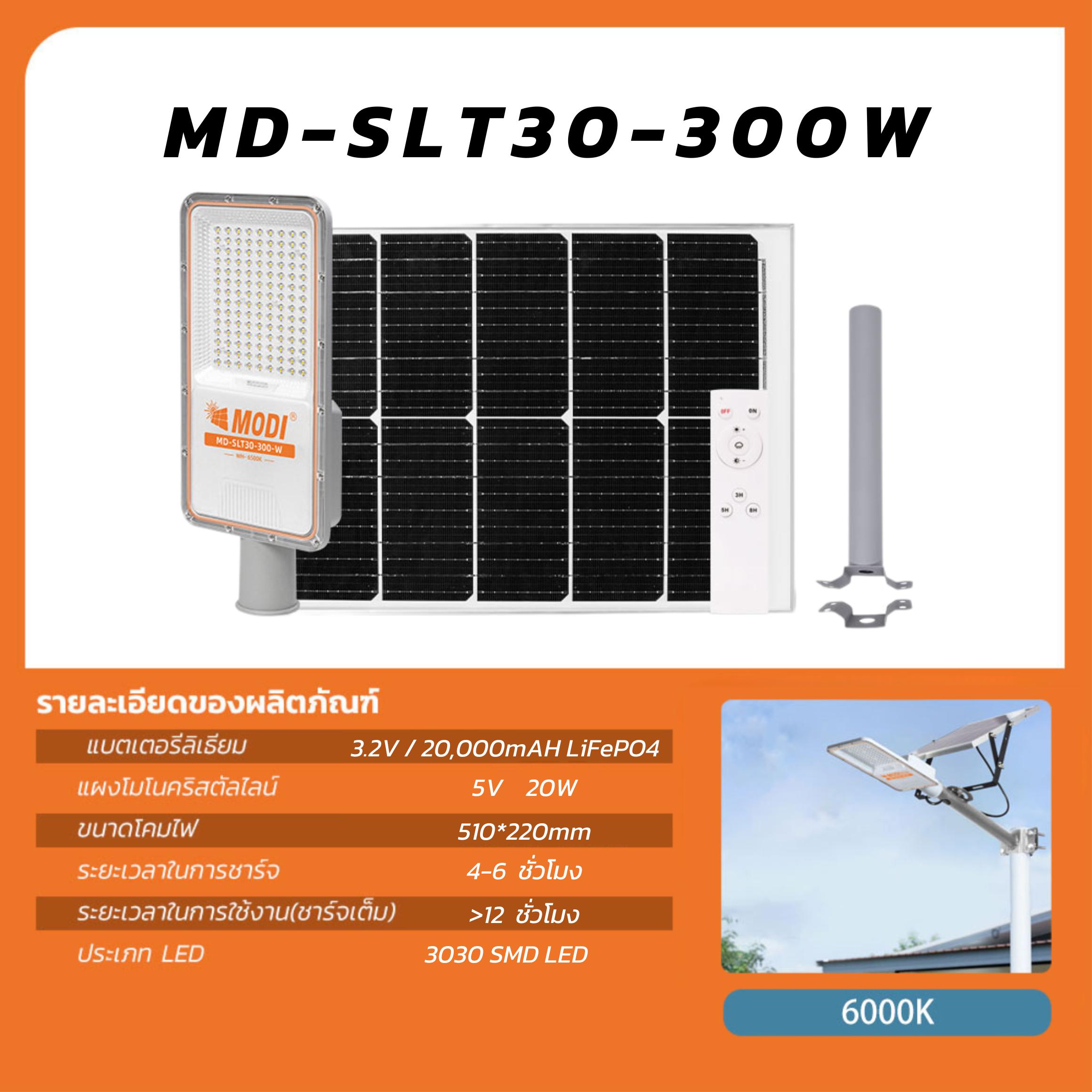 MODI โคมไฟถนนโซล่าเซลล์ 300W แสงขาว รีโมท ไฟถนนพลังงานแสงอาทิตย์ ระบบ ...