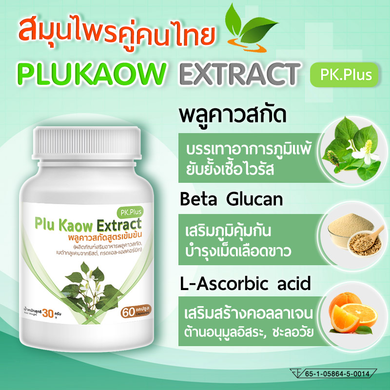 [ส่งฟรี! พร้อมส่ง] PK Plus Plu Kaow Extract (1 กระปุก 60 แคปซูล) พลูคาว ...