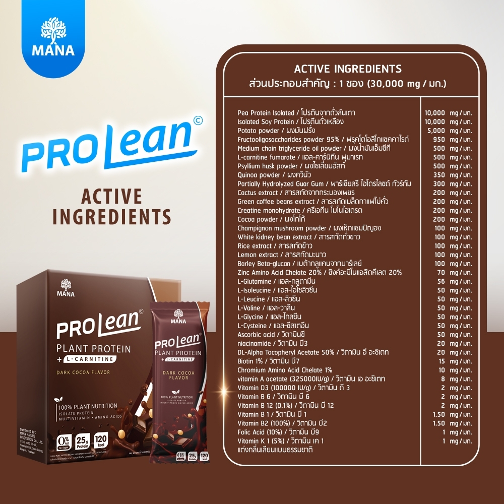 MANA ProLean Plant Protein (1กล่อง มี10ซอง) Dark Cocoa Flavor โปรตีนเจนนี่ รสดาร์กโกโก้ (ร้านลอก ...